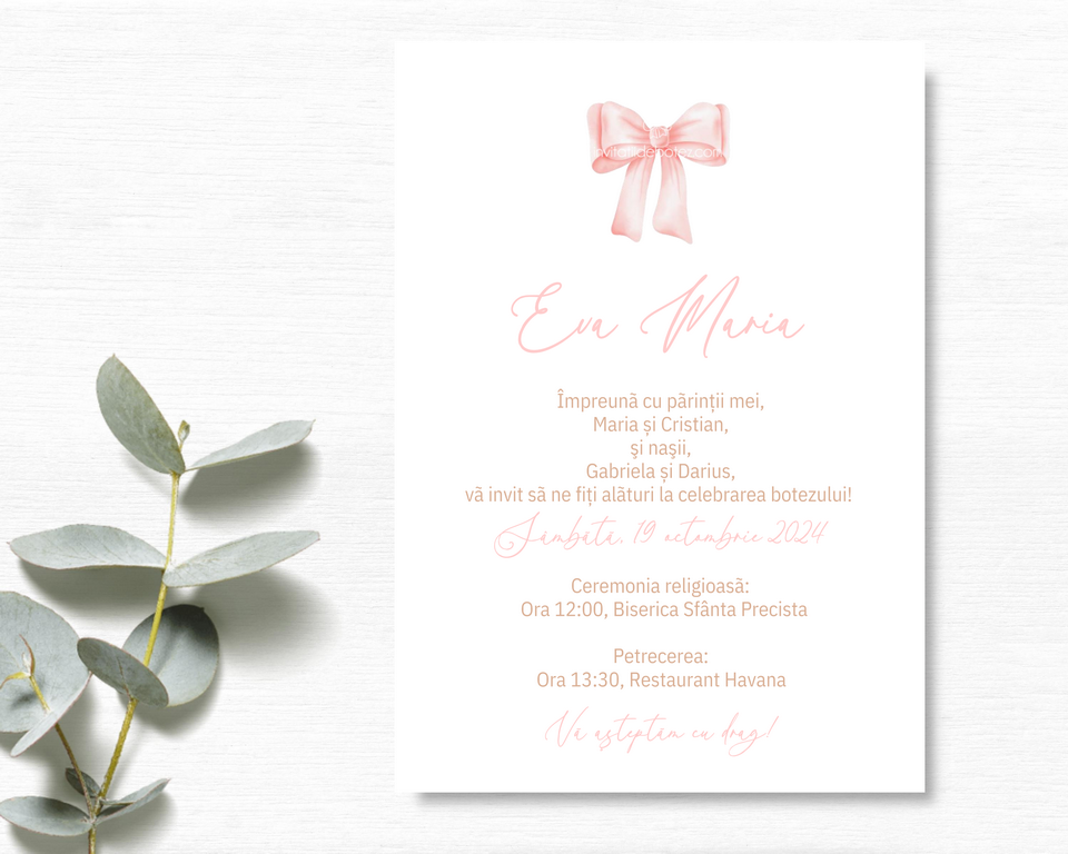 Invitatie de botez digitala cu fundita roz pentru fetita – Invitatii de ...